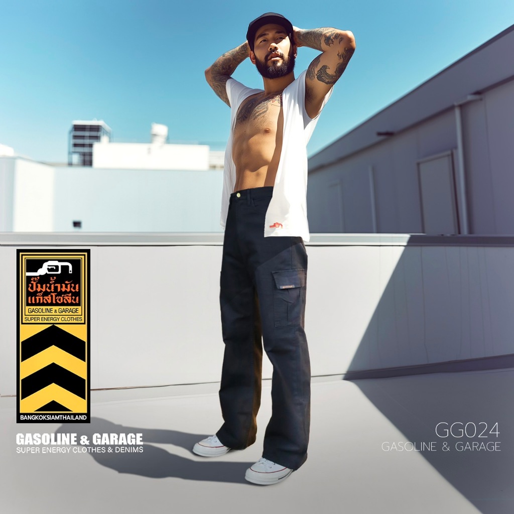 GG024 กางเกงยีนส์ ผู้ชาย ทรงคาร์โก้ กระบอกใหญ่ BLACK RELAX FIT (Gasoline & Garage) ปั๊มน้ำมัน ...