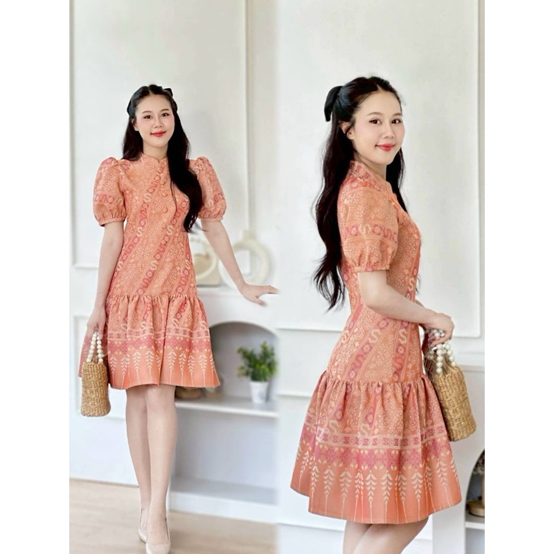 [S-XXL] BK503 เดรสผ้าทอลายพระราชทาน ลายสิริราชพัสตราภรณ์ งานคอจีน แขนตุ๊กตา แต่งกระดุมด้านหน้า ...