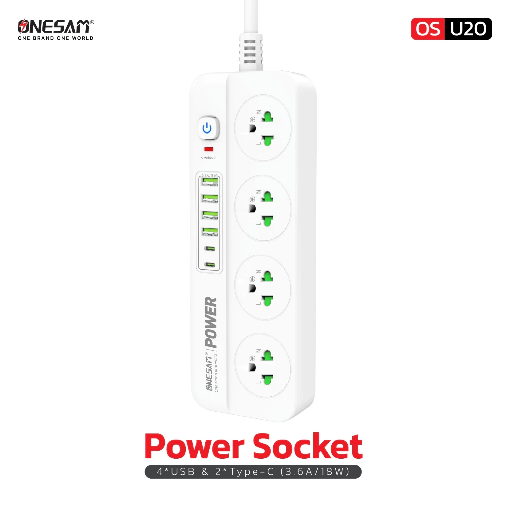 ปลั๊กไฟ ONESAM รุ่น OS-U20 4 USB พอร์ต และ 2 PD พอร์ต ชาร์จไว 3.6A/18W ...