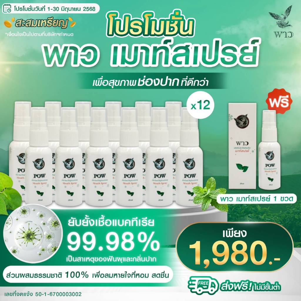 POW HERBAL FRESH MOUTH SPRAY พาวเมาท์สเปรย์ 12 ขวด แถมฟรีอีก 1ขวด ...