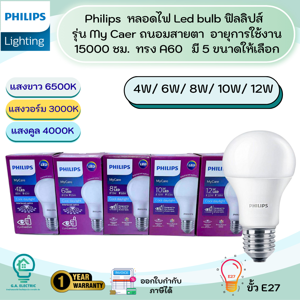 Philips หลอดไฟ LED Bulb ฟิลลิปส์ MyCare 4W 6W 8W 10W 12W ขั้ว E27 (รุ่นกล่องม่วง MyCare ...