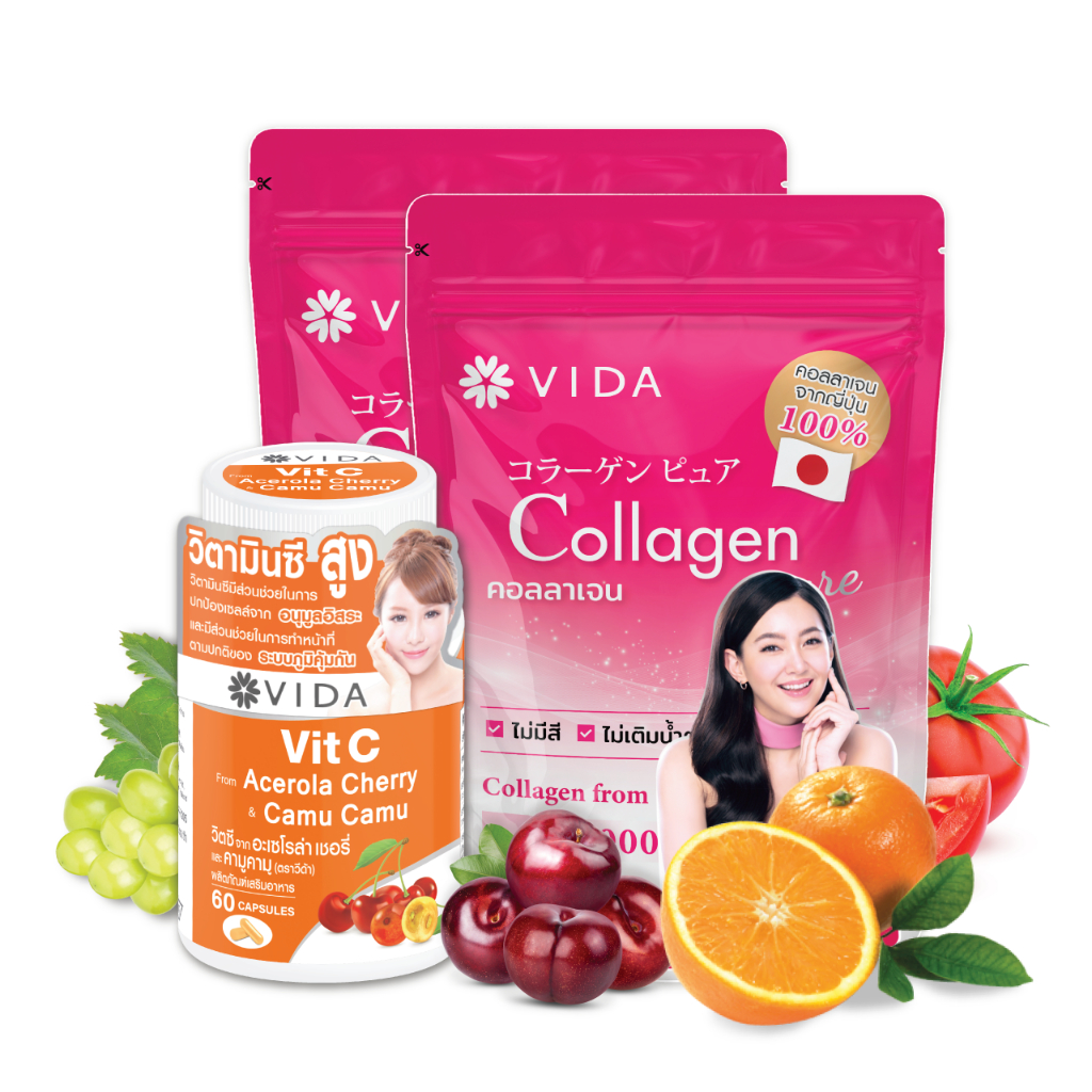 [TwoTone Set] Vida Collagen Pure 100g. 2 Sachets x Vit C Acerola cherry ...