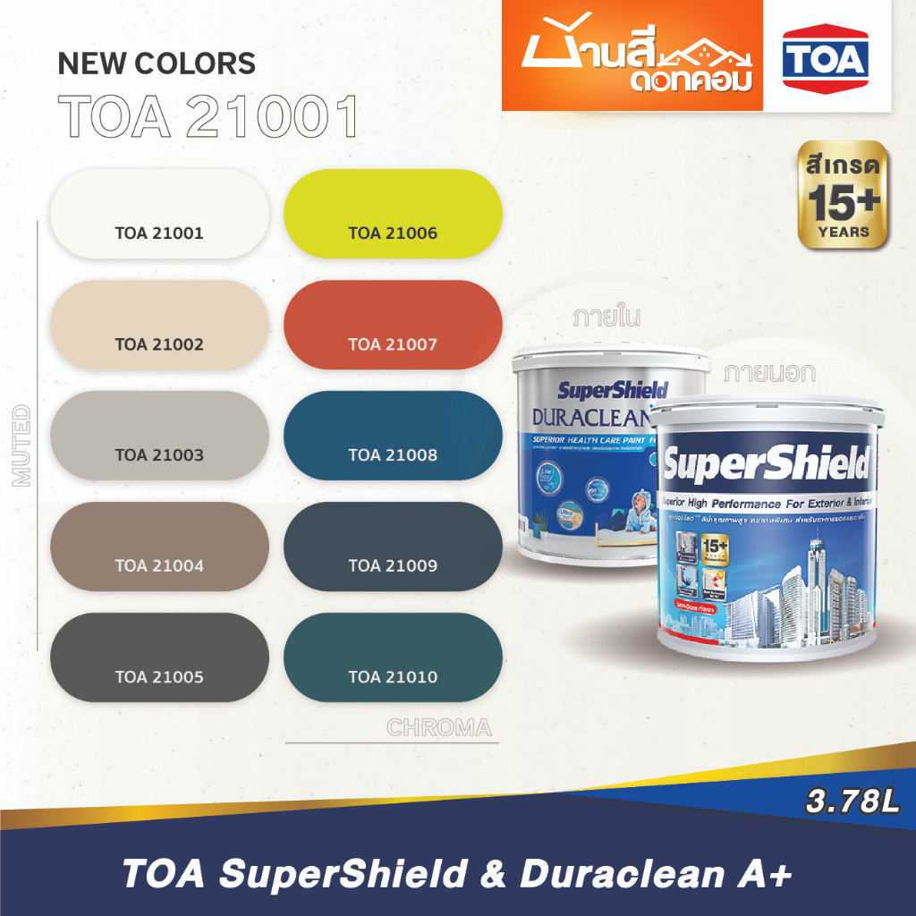 TOA สีทาบ้าน เฉดสี 21001 กึ่งเงา SuperShield,Duraclean A+ กึ่งเงา 3.5 ...