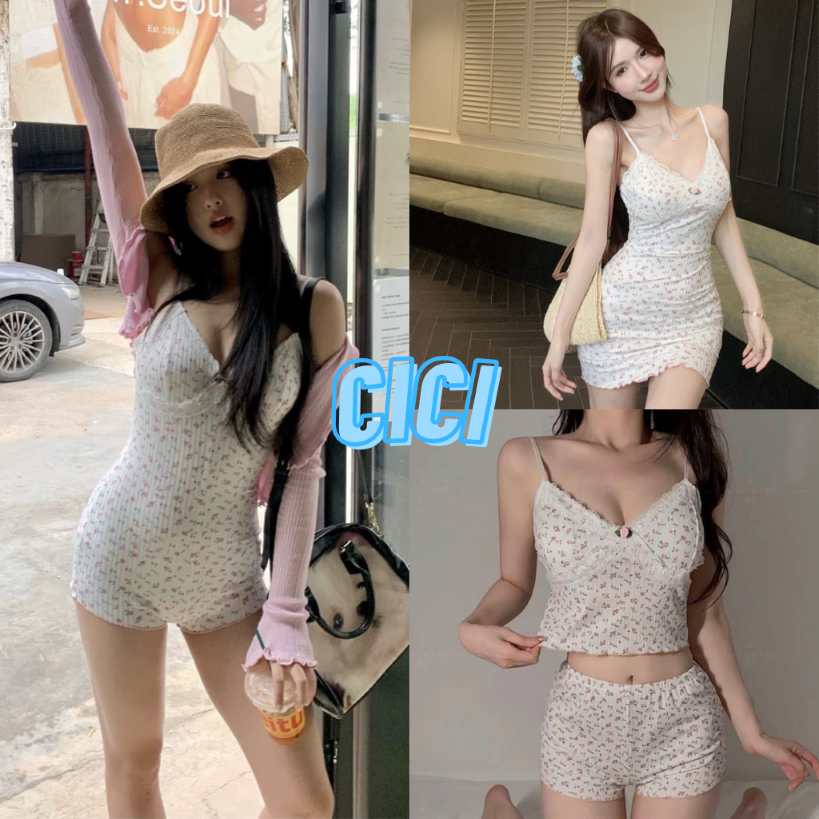 Cici(NO.1396/1256/1397) เดรส/ชุดจั๊ม/ชุดเซทเข้ารูป สายปรับระดับได้ ลายดอกไม้ แต่งลูกไม้และดอกไม้ ...