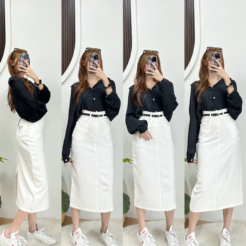 LANA SKIRT กระโปรงยาวปักโบว์กระเป๋าหลัง ผ่าหลัง ผ้าบาร์บี้เปเป้(ไม่ได้เข็มขัด) | Shopee Thailand