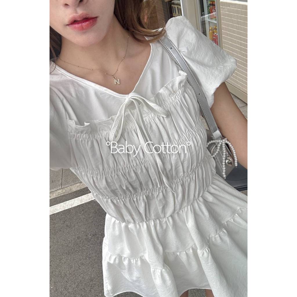 PANTA - Baby Cotton Mini Dress มินิเดรสแขนตุ๊กตา แต่งจั๊มรอบตัว ...