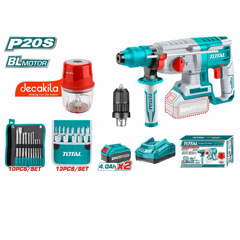 TOTAL COMBO SET 10 สว่านโรตารี่ ไร้สาย แบต 4 amp 2 ก้อน แท่นชาร์จ ชุด ...