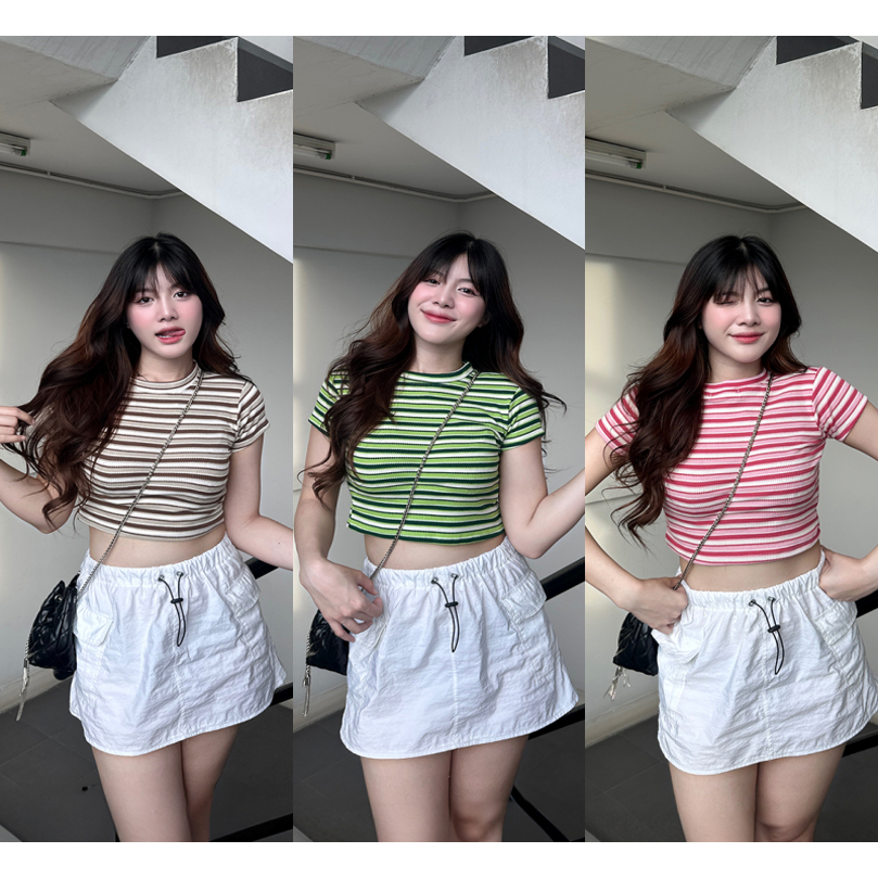 Spinny House เสื้อครอปแขนสั้นลายทาง รุ่นสแปลช B-001-4-A / PN100 | Shopee Thailand