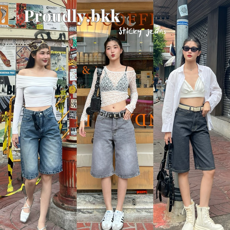 Proudly.bkk Sticky Jeans กางเกงยีนส์5ส่วน ผ้ายีนส์ไม่ยืด | Shopee Thailand