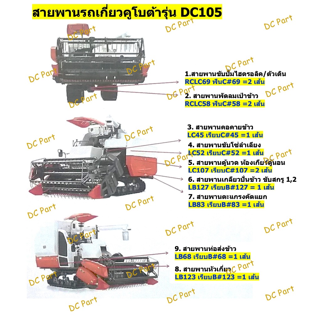 DC105 สายพานสำหรับรถเกี่ยวข้าวคูโบต้ารุ่น DC105 ยี่ห้อมิตซูโบชิ เกรด ...