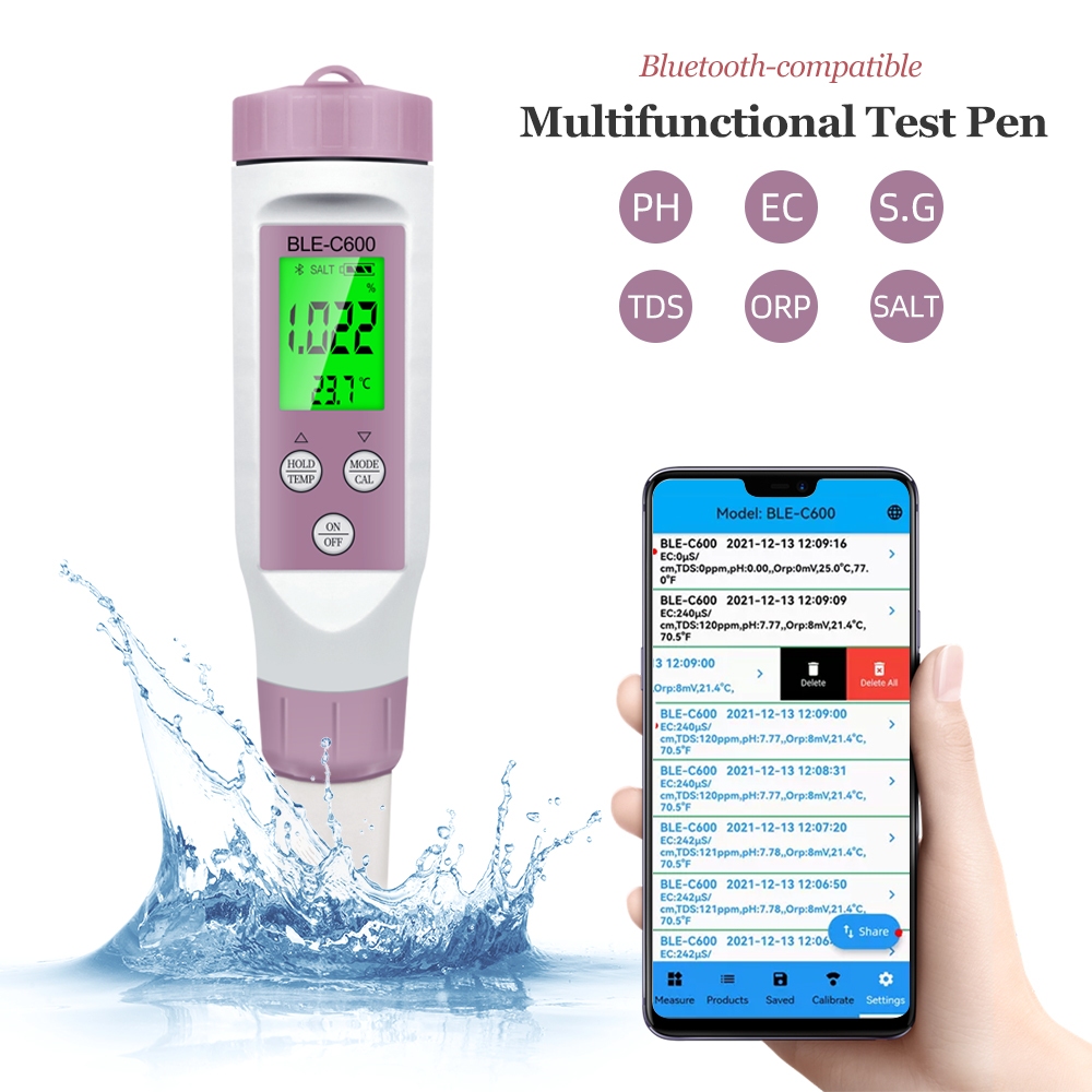 BLE-C600 บลูทูธ 7 in 1 PH Meter 7 in 1 PH EC TDS ORPเกลือS.G TEMP Meter ...