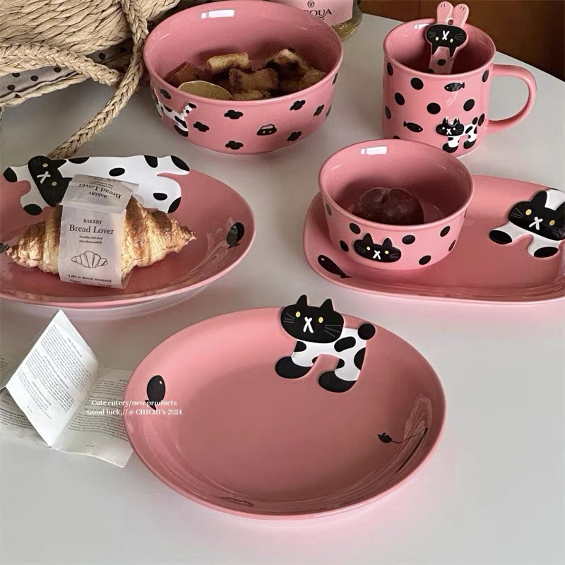 ถ้วย จานเซรามิก เข้าไมโครเวฟได้ ลายน้องแมว สีชมพู🐱🎀 ทาสแมวห้ามพลาด | Shopee Thailand
