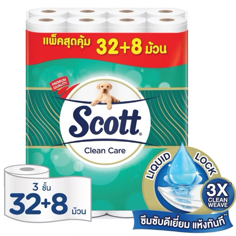 กระดาษชำระ หนา 3 ชั้น แพ็ก 32+8 ม้วน รวม 40 ม้วน SCOTT Clean care ...