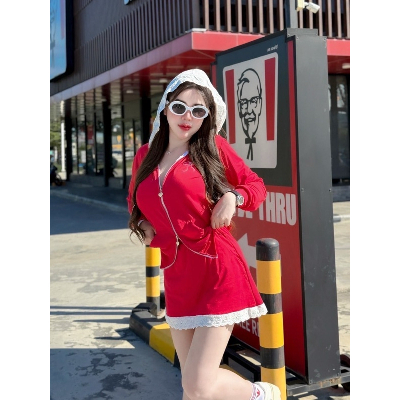 Phapassz - Set2ชิ้น เสื้อแขนยาวซิปหน้า ฮู้ดลูกไม้ กระโปรงทรงเอ มีซับกางเกง แต่งปลายกระโปรงลูกไม้ ...