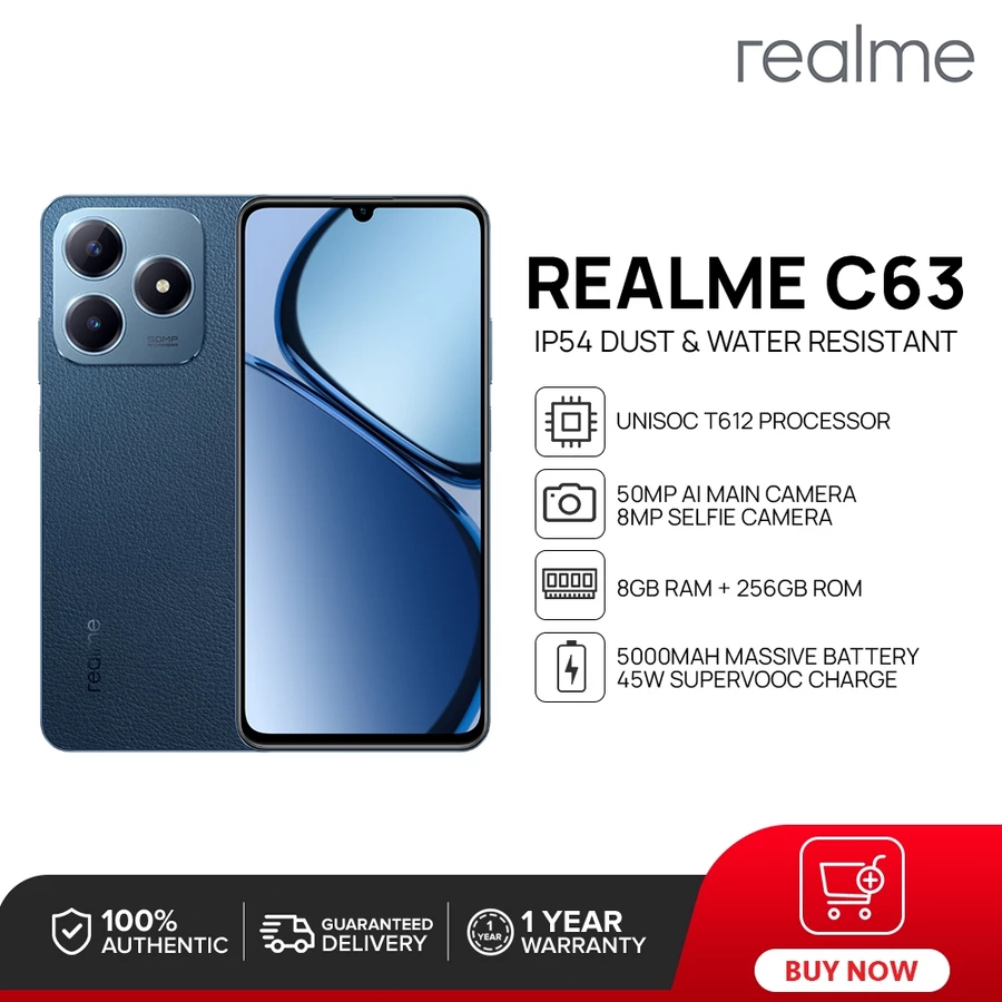 Realme C63 8+128GB สมาร์ตโฟนชาร์จไว ดีไซน์ระดับเรือธง ชาร์จเร็ว 45W บางเฉียบเพียง 6.74 มม แบตเต ...