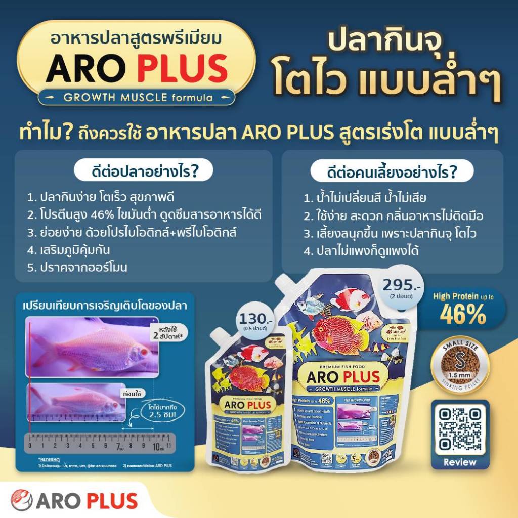 อาหารปลา ARO PLUS สูตรเร่งโต Growth Muscle formula และ เร่งสี Color Boost เม็ดจม โปรตีนสูง 46% ...
