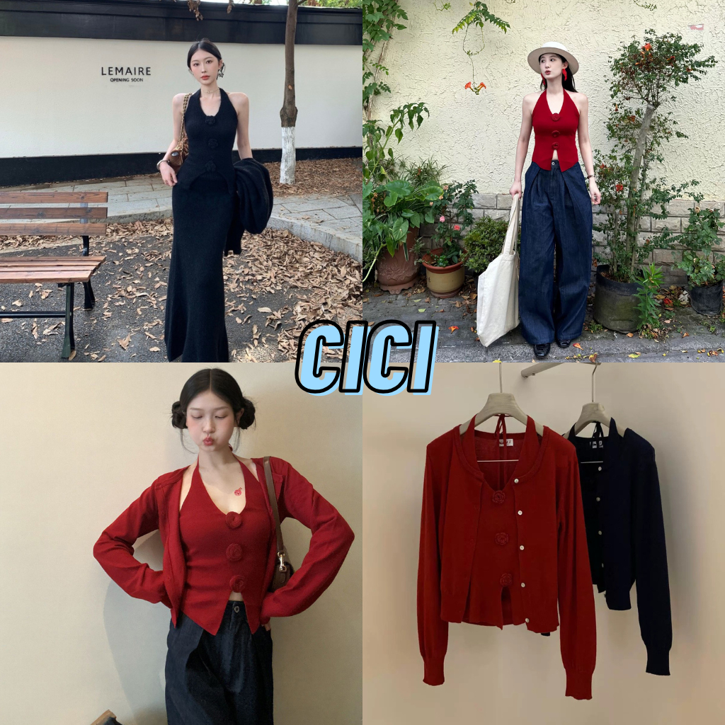 Cici(NO. C1968)Set2ชิ้น เสื้อคลุม+สายเดี่ยวคล้องคอ ไหมพรมสาวแซ่บควรตำ | Shopee Thailand