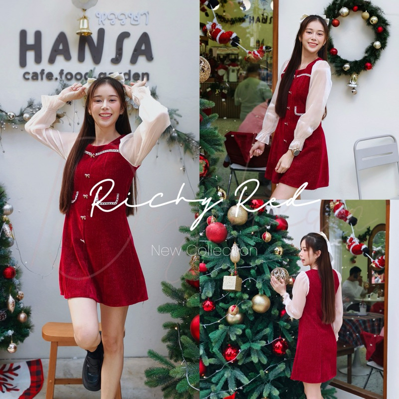 🌸 RICHY RED DRESS 🌸 เดรสกำมะหยี่สีแดง | Shopee Thailand