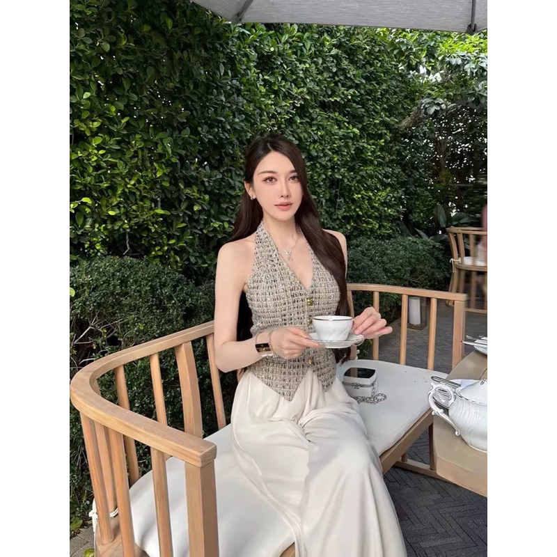 [NITTAYA] D2564 ชุดเซตเสื้อกั๊กคล้องคอผ้าทวิตกระดุมหน้ากางเกงพริ้วเอว ...