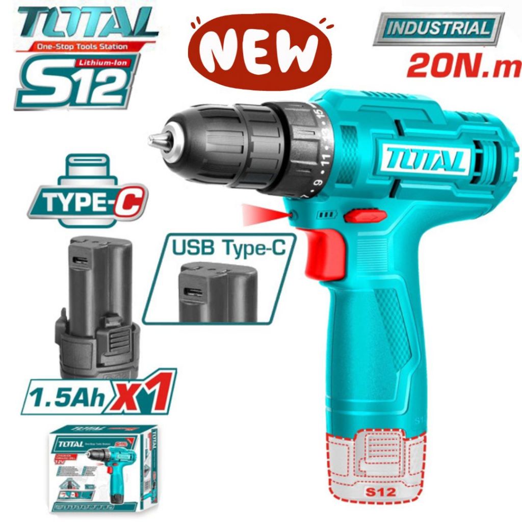 Total สว่านแบตเตอรี่ 12V 3/8" ปรับตั้งแรงบิดได้ รุ่น TDLI12415 / รุ่น ...