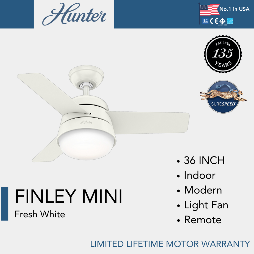 Hunter Fan พัดลมเพดาน รุ่น Finley Mini - Fresh White 36" Indoor Modern ...