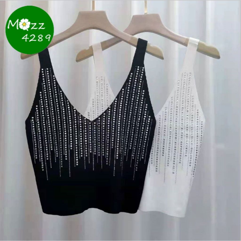 MQzz4289 *พร้อมส่ง* เสื้อสายเดี่ยว เสื้อครอป ประดับเพชรวิบวับ ผ้าไหมพรม ...
