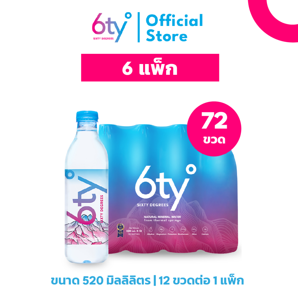 [ส่งฟรีทั่วไทย] 520ml 6 แพ็ก 72 ขวด นํ้าแร่ 6ty Degrees Mineral Water น้ำแร่ธรรมชาติ 100% จาก ...