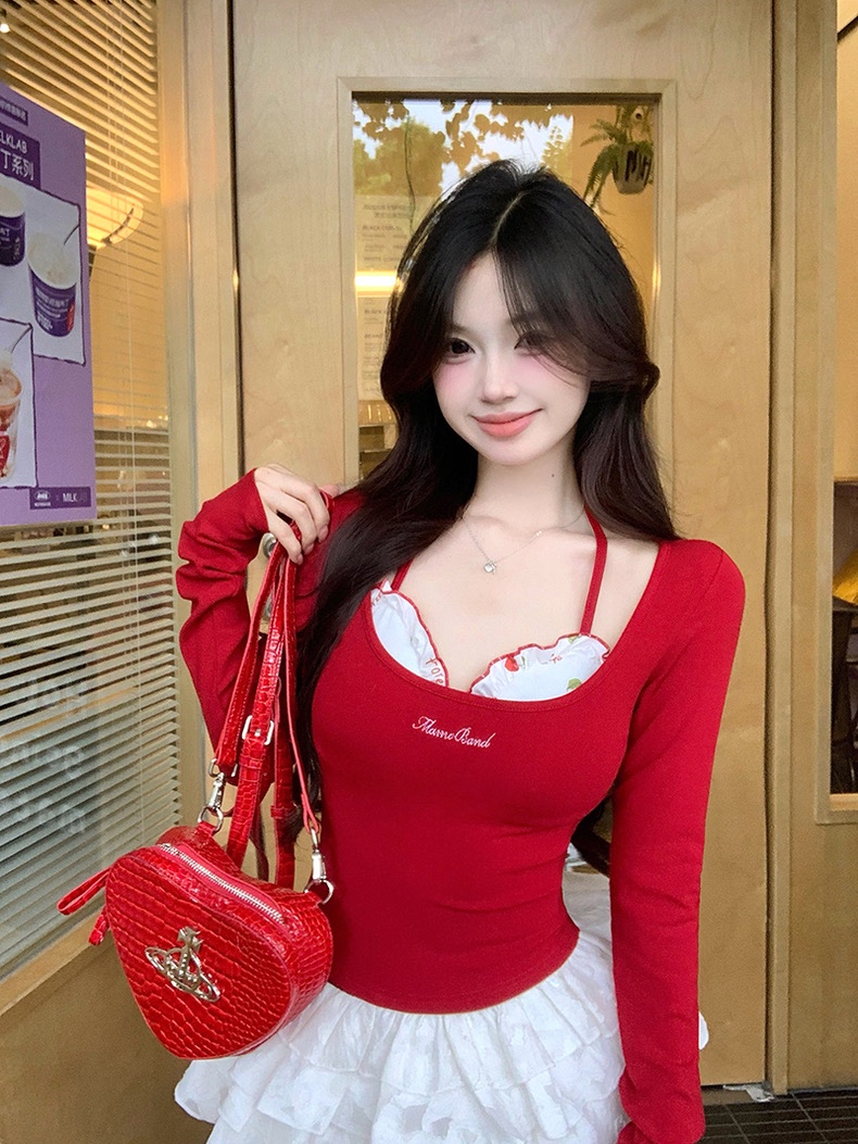 Bentoy(1602)set2pcsชุด2ชิ้น บราลายหัวใจน่ารักพร้อมกับเสื้อยืดสีแดงแขนยาว ว้าวหน้า สวยมาก สุดคิ้ว ...