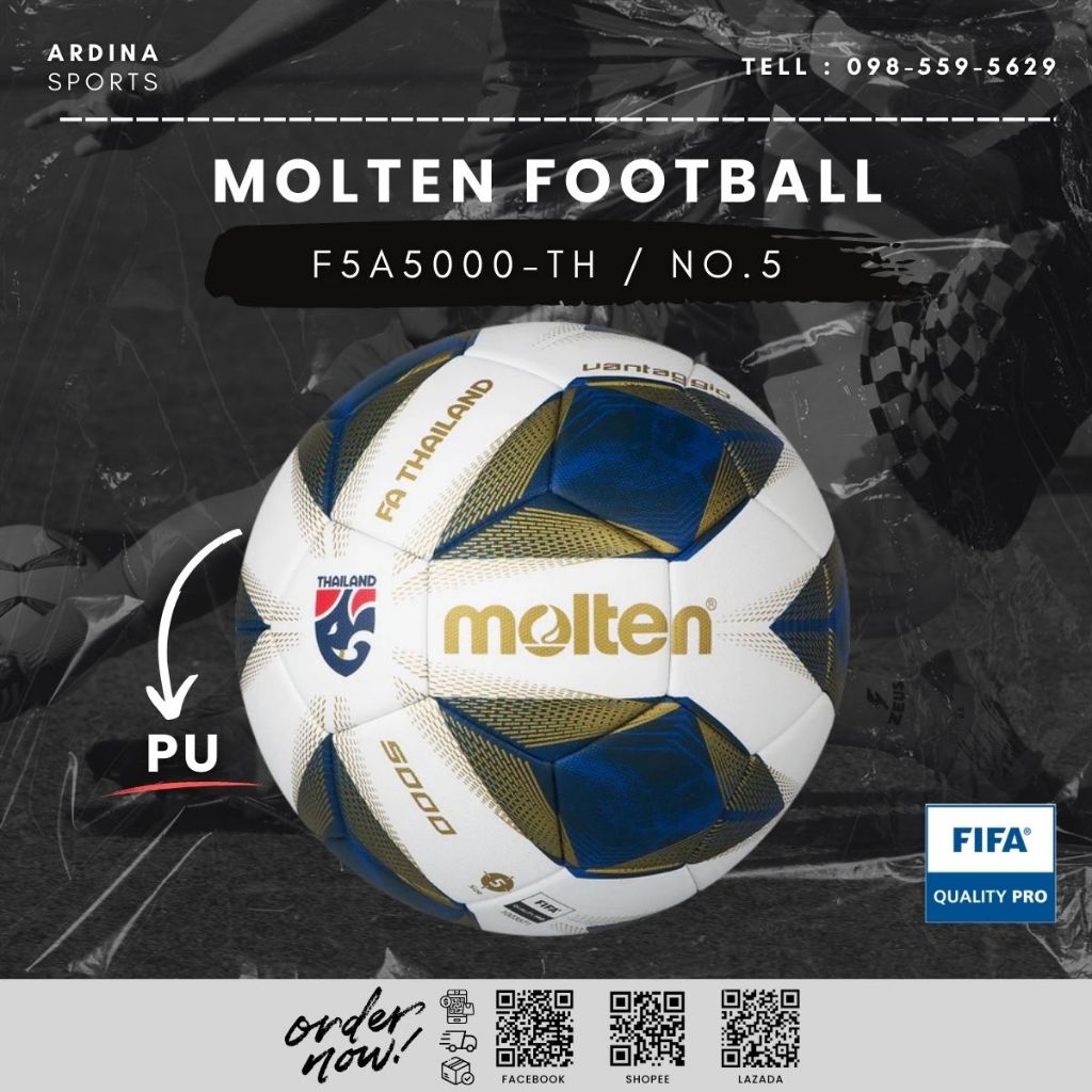 (ของแท้ 100%) MOLTEN ลูกฟุตบอล รุ่น F5A5000-TH (เบอร์ 5) แถมฟรีตาข่าย ...