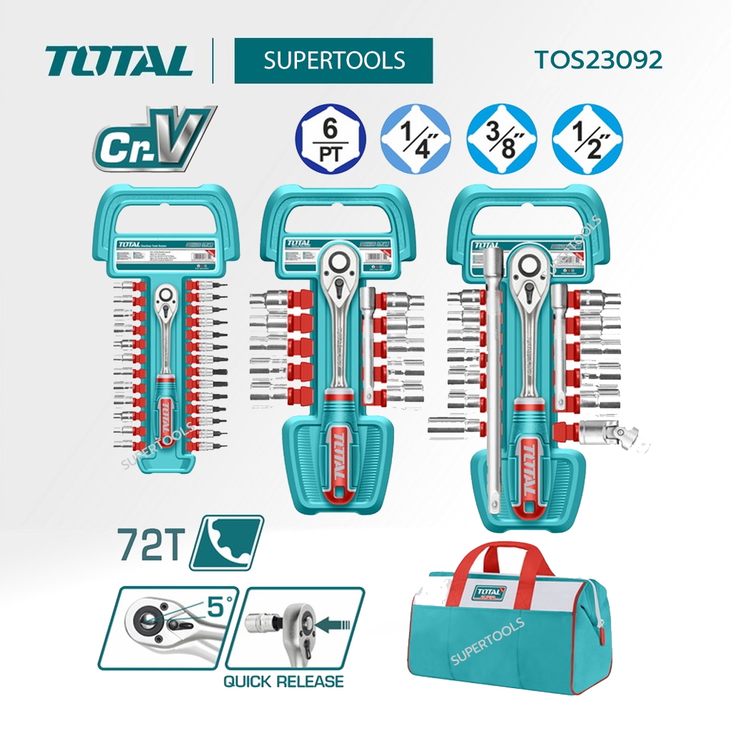 TOTAL บล็อกชุด 57ตัวชุด ลูกบล็อก ประแจด้ามฟรี 2/3/4หุน COMBO SET59 รุ่น TOS23092 Supertools ...