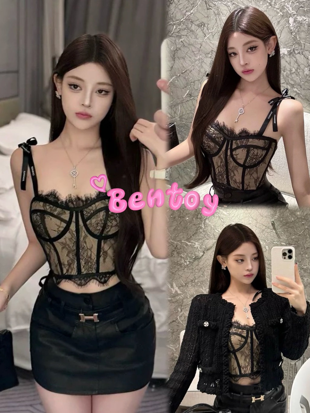 Bentoy(bratop2239NEW)เสื้อสายเดี่ยวมีฟองน้ำ ดีเทลสายผูกไหล่ ผ้าลูกไม้ รัดรูป เซ็กซี่ดูแพง ...