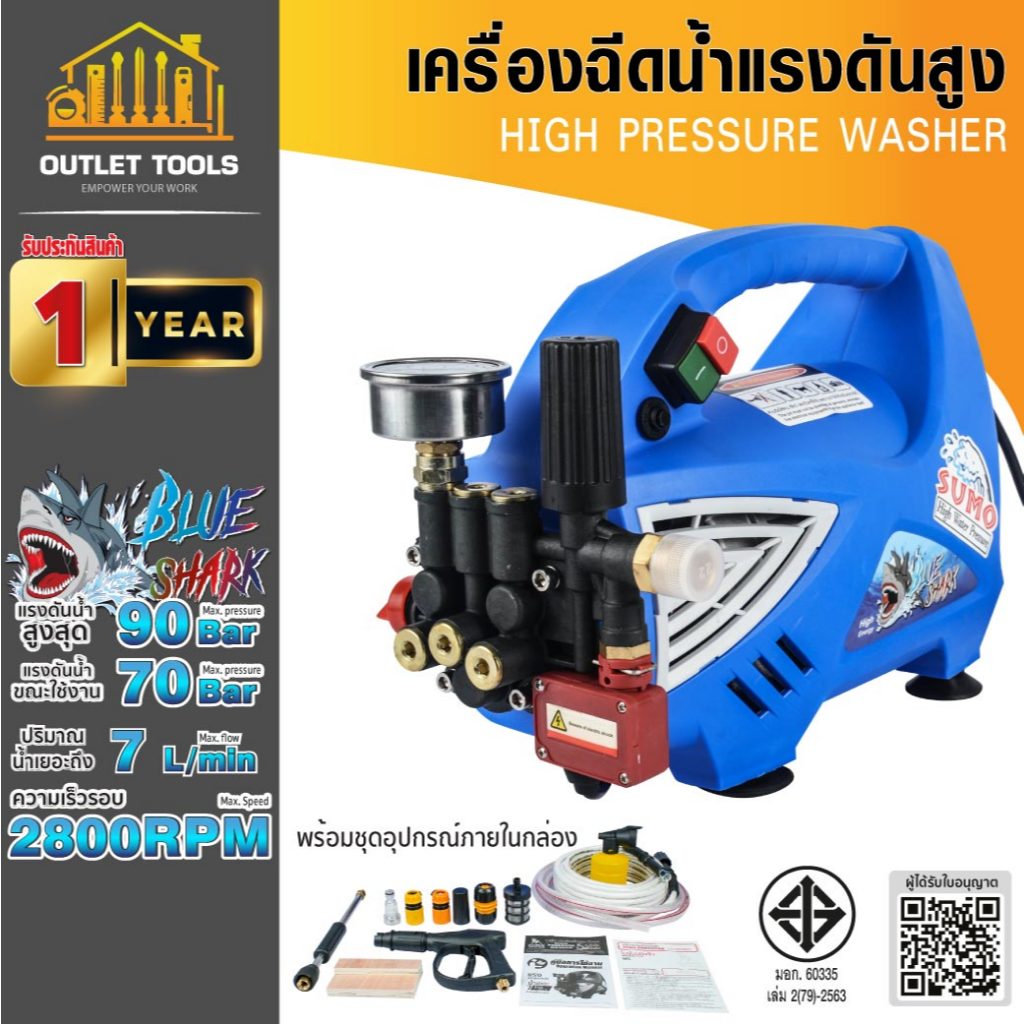 (ประกัน 1ปี) เครื่องอัดฉีดน้ำแรงดันสูง รุ่น Blue shark SUMO แรงดันน้ำ ...