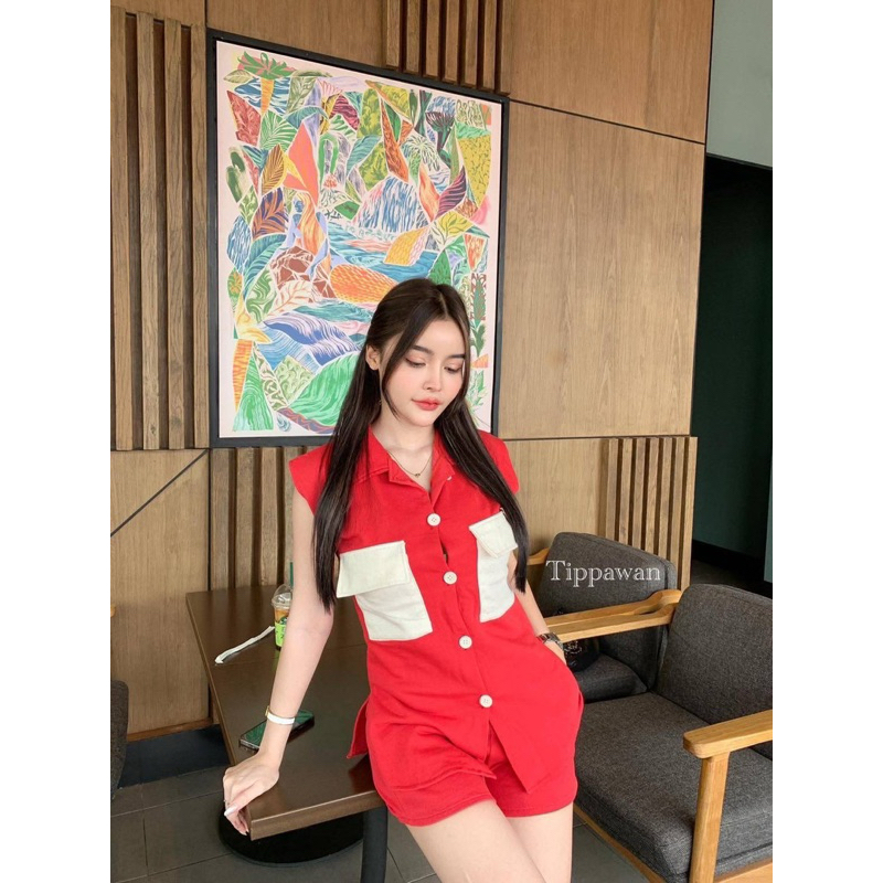 Tippawan Setคอปก แต่งดีเทลกระเป๋า มาพร้อมกางเกงขาสั้น คือดีมากกกๆ น่ารักแบบย้อนวัย | Shopee Thailand