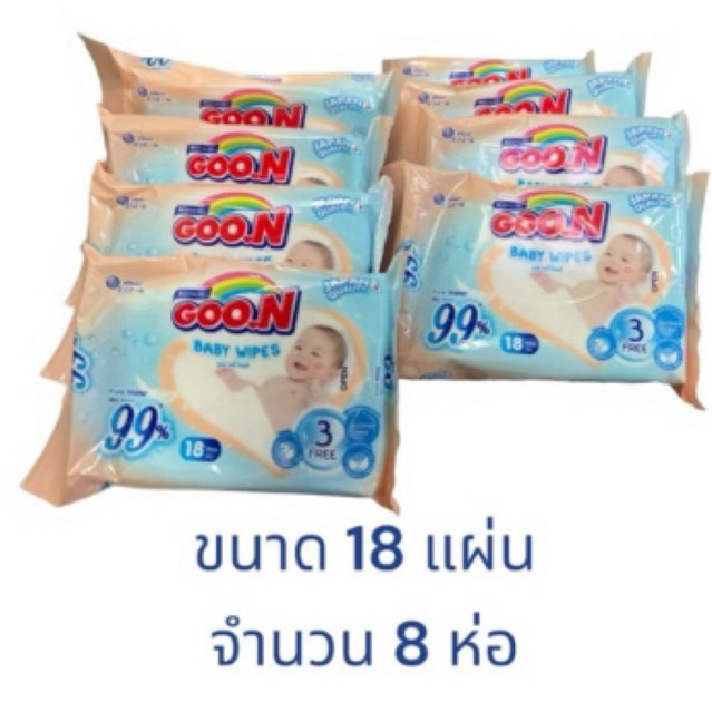 [แพ็ค8ห่อ] Goon ทิชชู่เปียก ขนาดพกพา กูนน์ เบบี้ไวพส์ (18x8 แผ่น ...