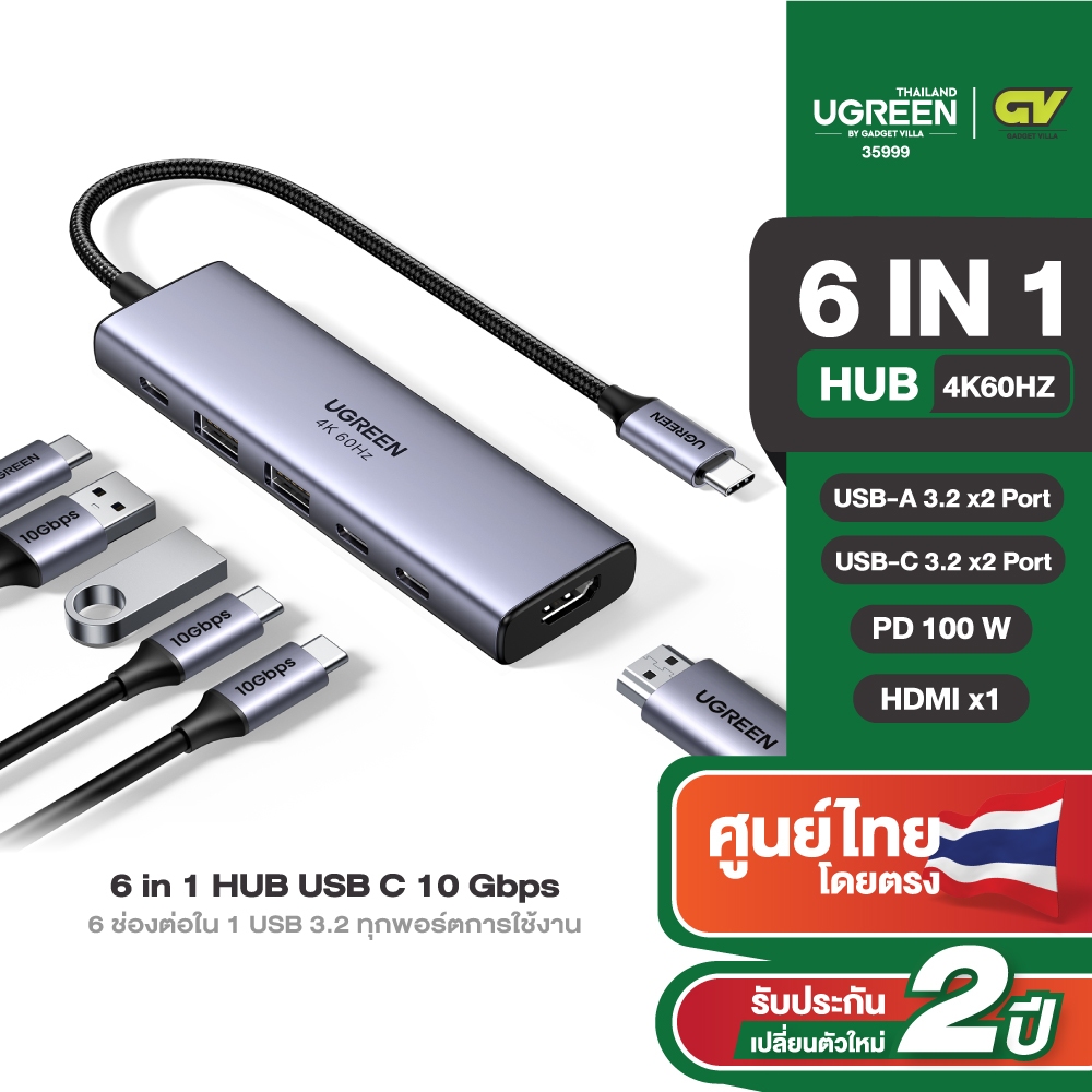 UGREEN รุ่น 35999 USB HUB 6in1 HDMI 4K 60Hz USB3.2 x2 USB C 3.2 x2 พอร์ต PD 100W HDMI x1 ...