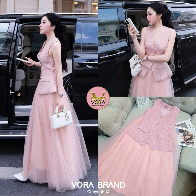 M1 งานป้าย Vora Set ชุดเซ็ทเสื้อแขนกุด + กระโปรงยาวผ้ามุ้ง สำหรับผู้หญิง เสื้อผ้าแฟชั่นผู้หญิง ...