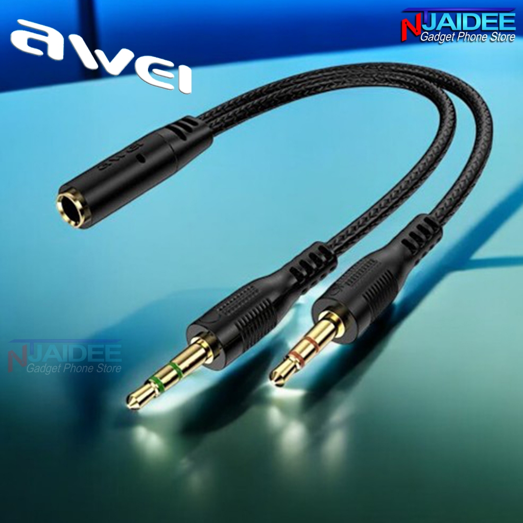 Awei AUX-002 สายแปลง 2 ออก 1 ใช้งานร่วมกับช่อง AUX IN + MIC IN สำหรับ Headphone | Shopee Thailand