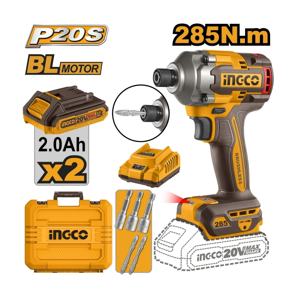 สว่านไขควงกระแทกไร้สาย 20V มอเตอร์ไร้แปลงถ่าน (Brushless Motor) INGCO ...