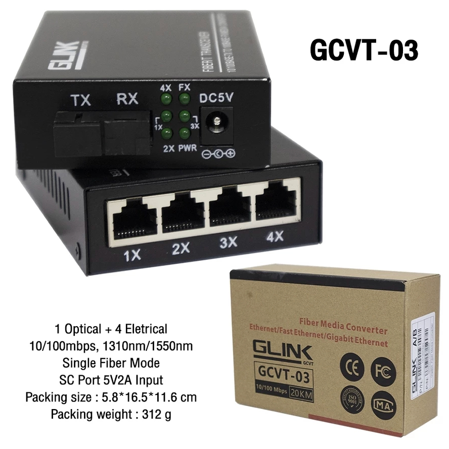 Glink GCVT-03 Media Converter Fiber 10/100 20km. 4 Eletrical อุปกรณ์ ...
