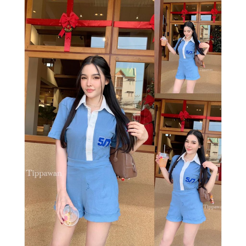 【TIPPAWAN】 TPW 6483 Set อีกแล้วค้า เสื้อเชิ๊ตแขนสั้นแต่งทูโืทนสีขาว ติด5/7ตรงกระเป๋า คอปกรีดกาว ...