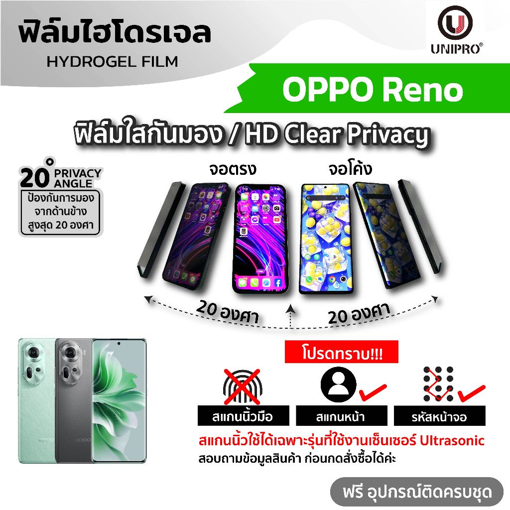 UniPro ฟิล์มใสไฮโดรเจลกันมอง (OPPO RENO) รุ่น 8 9 10 11 11F 12 12F 13 ...