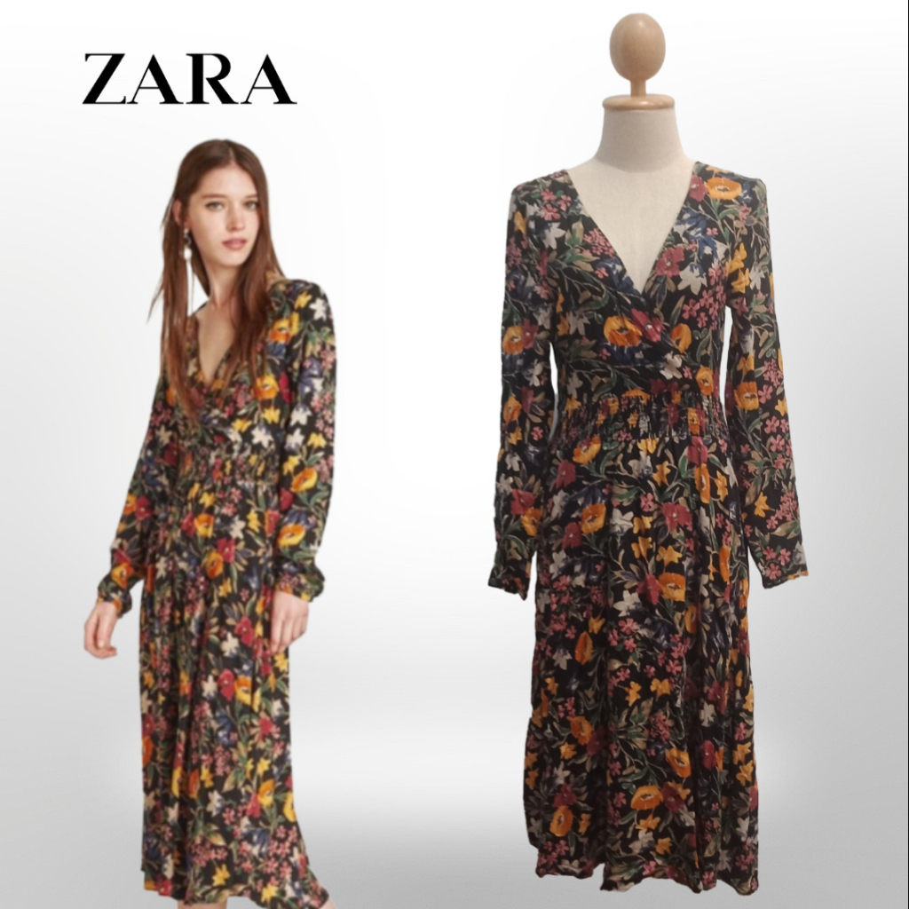 เดรสงงาน ZARA EUR M ผ้าสปันลายดอกไม้ อก34 เอว25-30 สะโพกฟรี ยาว46 | Shopee Thailand