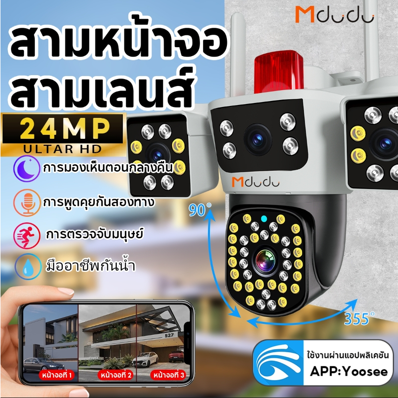 Mdudu กล้องวงจรปิดไร้สาย 3เลนส์ แสดงภาพพร้อมกัน3หน้าจอ AI ตรวจจับ Full ...