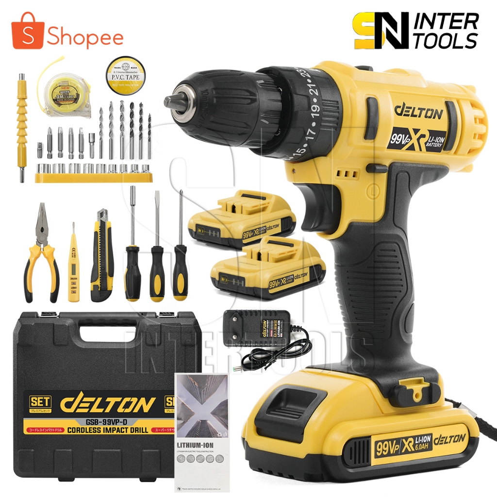 DELTON สว่านกระแทก ไร้สาย 3 ระบบ 99V แบตเตอรี่ Lithium-ion 2 ก้อน แถมฟรี! เครื่องมือช่าง ชุดใหญ่ ...