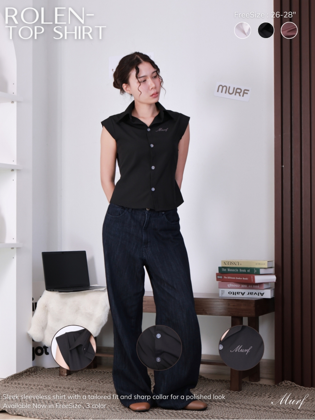 MURF | Rolen Top เสื้อเชิ้ตแขนกุด สีพื้น ทรงสวย คอปกแขนล้ำ T123 | Shopee Thailand