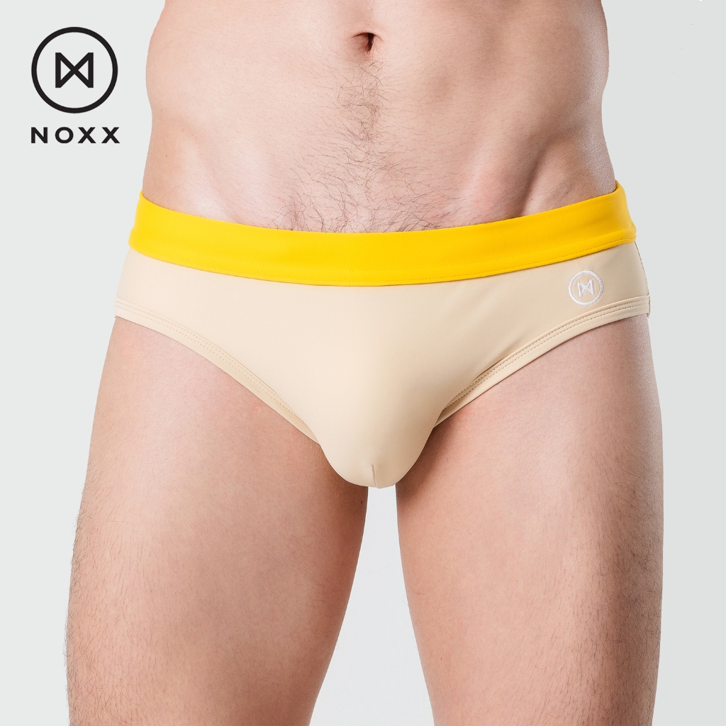 Noxx Swim Briefs - Nudism Collection: กางเกงว่ายน้ำ ทรงบรีฟ สีนู้ด Vanilla Nude ขอบเอวสีเหลือง ...