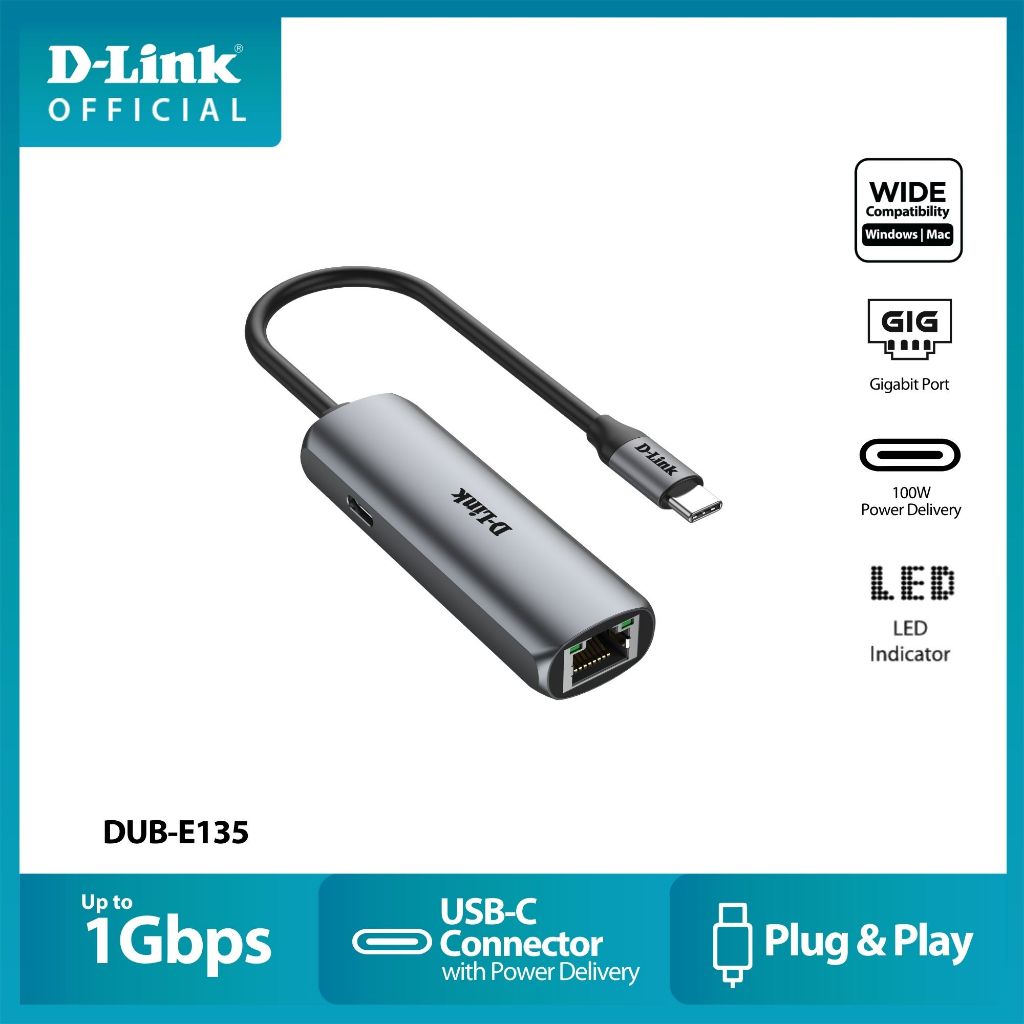 D-LINK DUB-E135 USB-C TO GIGABIT ETHERNET ADAPTER/1GBPS ETHERNET/USB-C ...