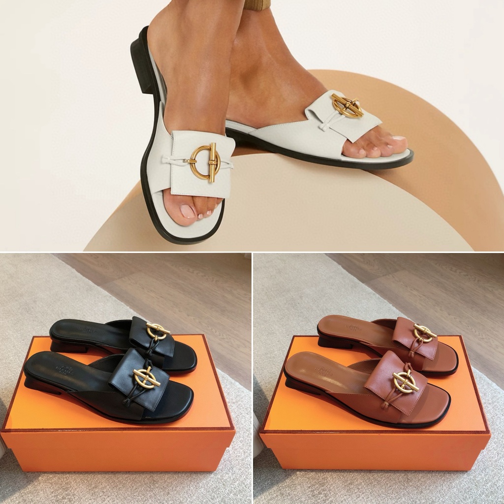 Pre order ราคา3300 Herm*s flat sandals รองเท้าผู้หญิง รองเท้าแตะส้นแบน หนังวัว 2.5cm Size35-39 ...