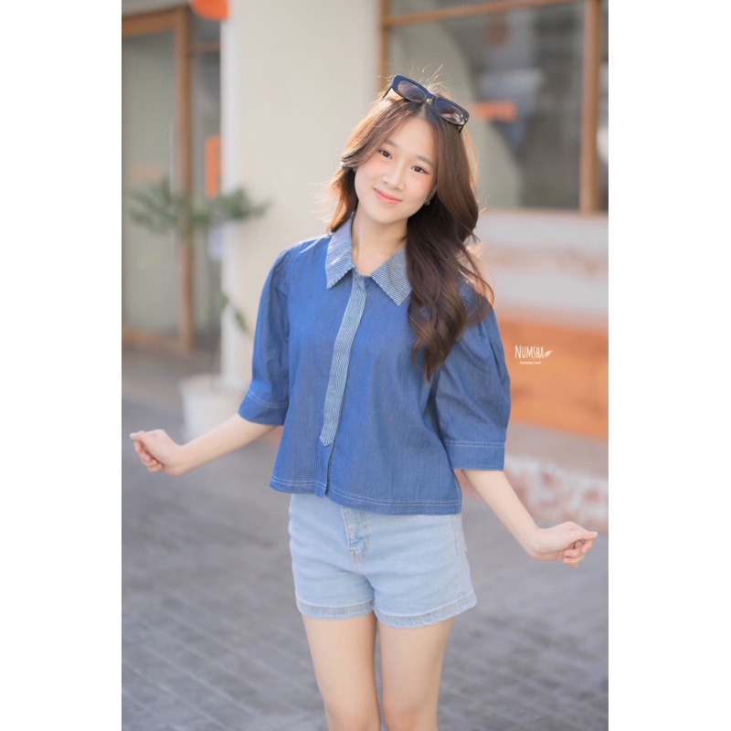 Numsha Brand เสื้อยีนส์คอลายแขนสั้นตุ๊กตา / NB24101 | Shopee Thailand