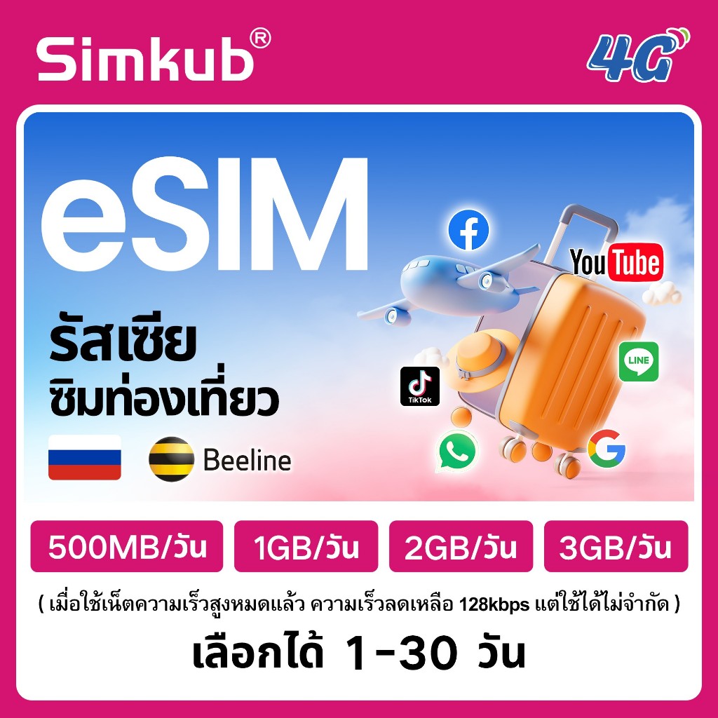 eSIM Russia ซิมท่องเที่ยว รัสเซีย เน็ต 500MB-3GB/วัน รองรับ 4G เลือกได้ 1-30 วัน | Shopee Thailand